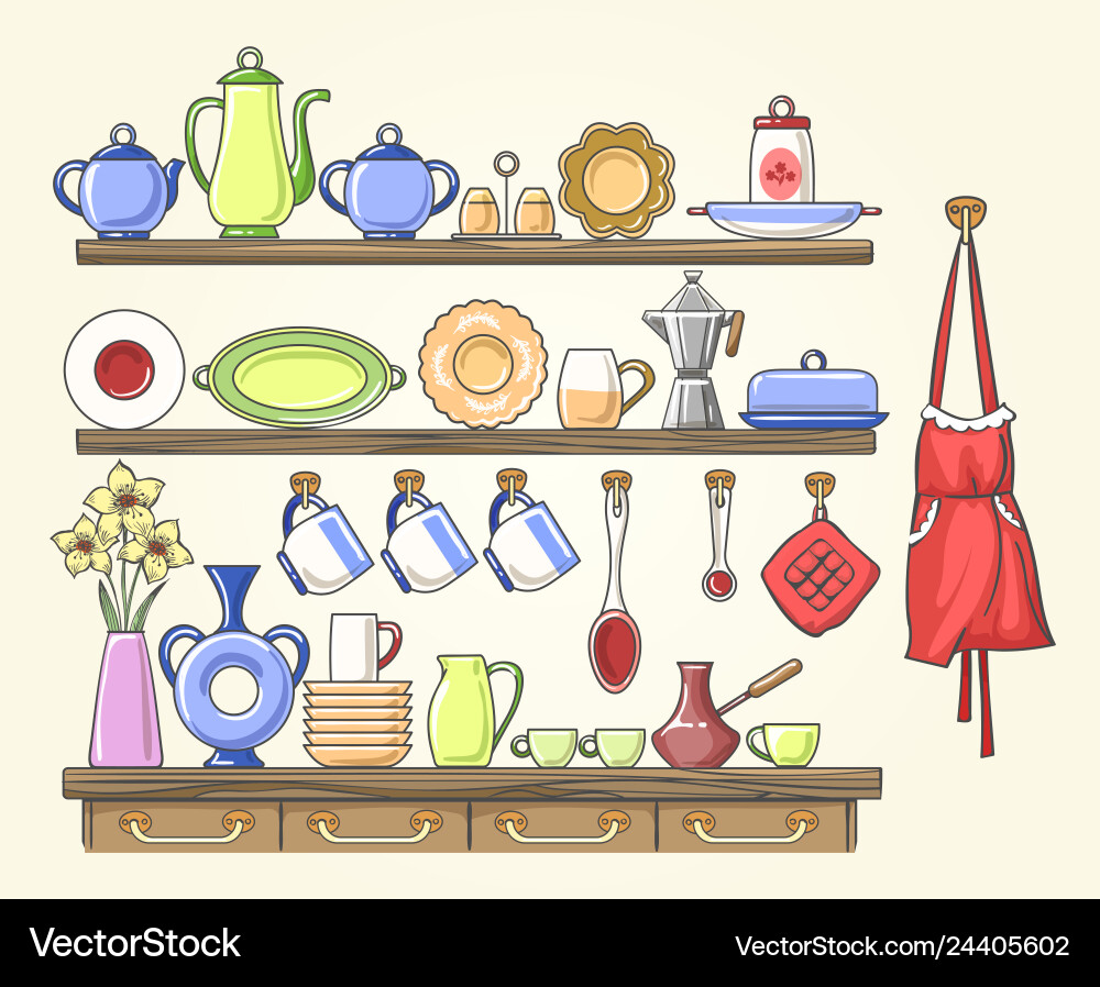 Cooking shelf with vintage dishes Royalty Free Vector Image