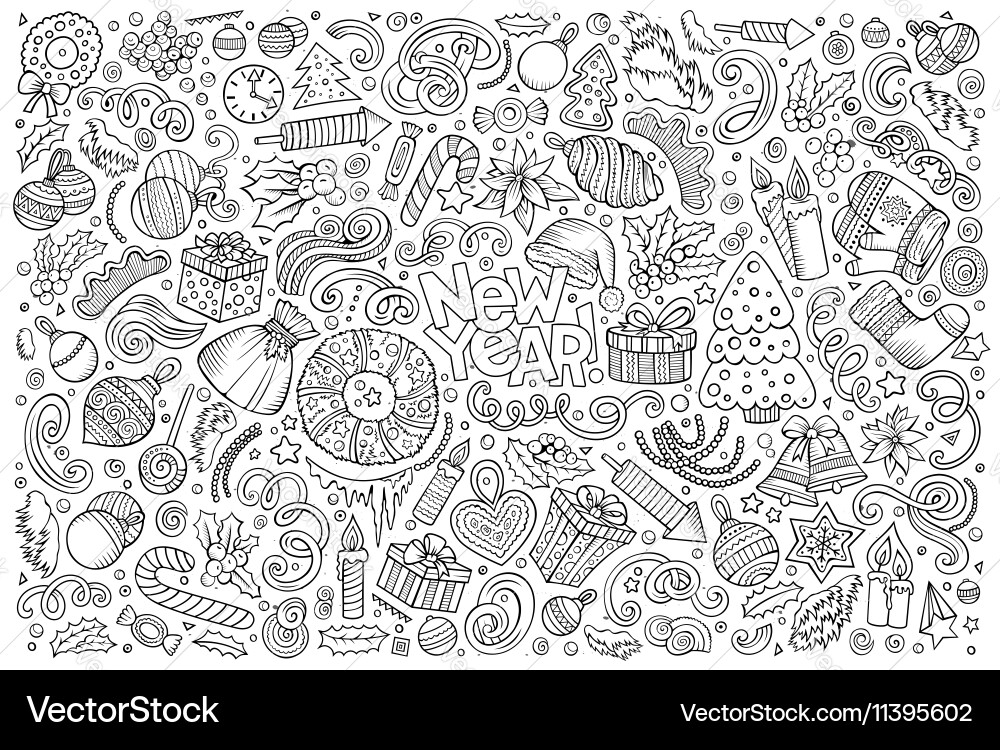 Festive New Year & Christmas Doodle Set Vector Image