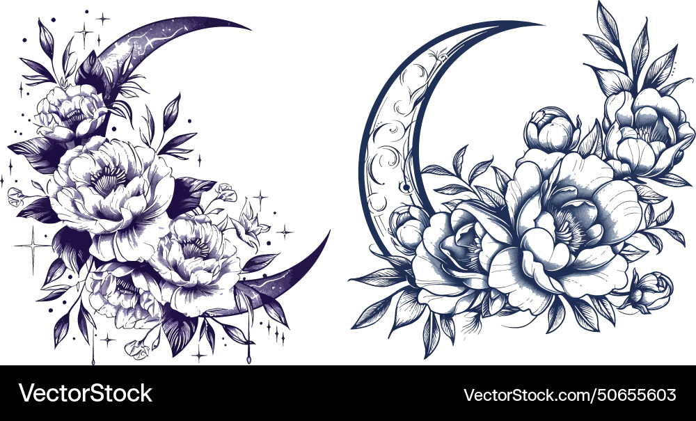 Beautiful magic crescent moon with peony flowers Vector Image