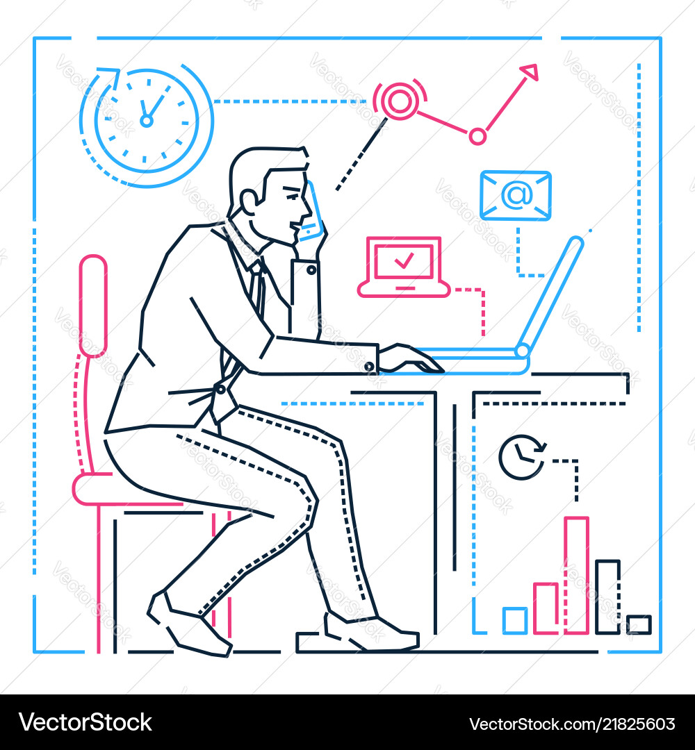 Businessman at the computer - line design style Vector Image
