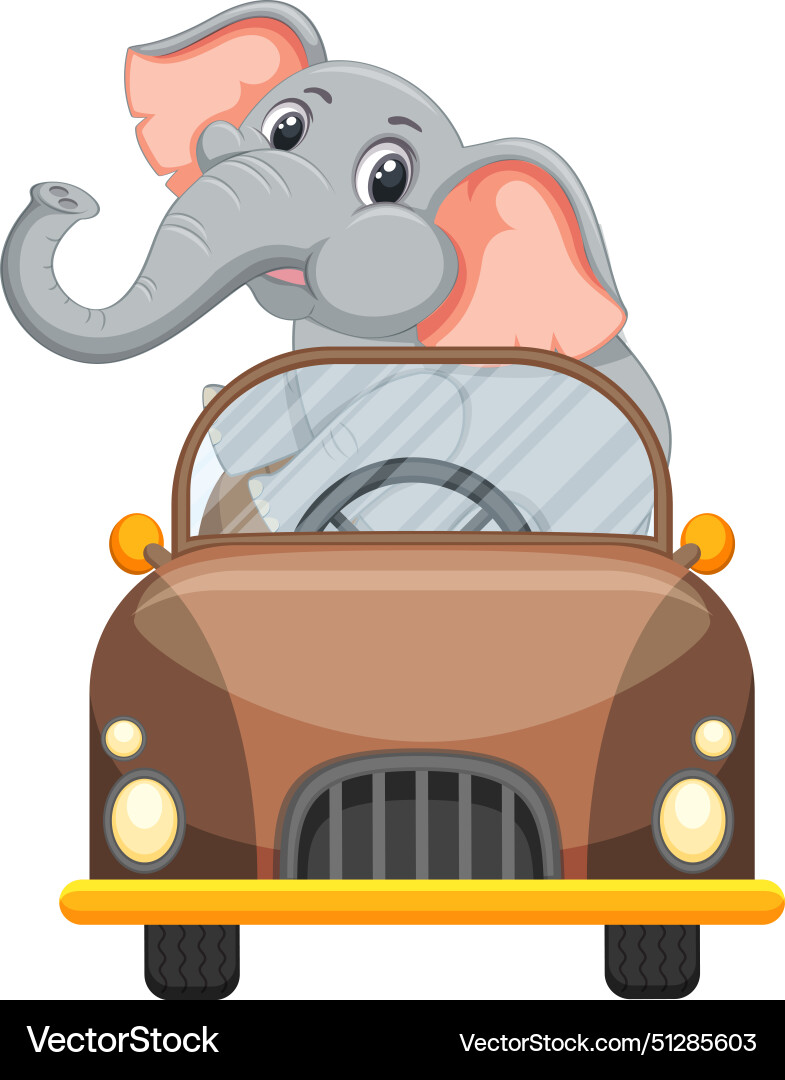 Cartoon elephant happily driving a classic car Vector Image