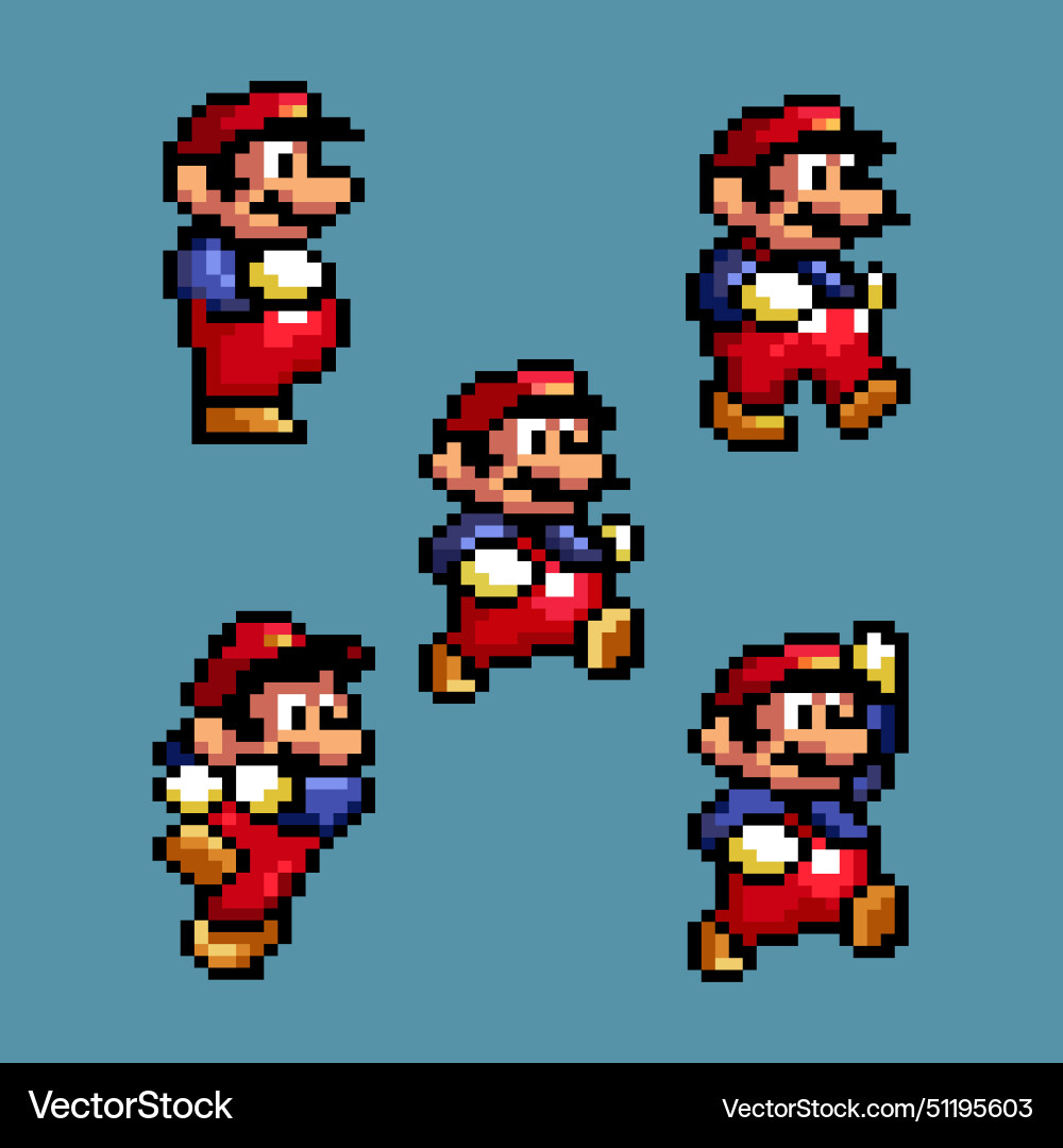 Set of big mario moves art 16-bit super Royalty Free Vector