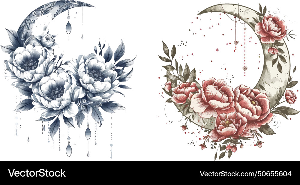 Magic crescent moon with peonies Royalty Free Vector Image