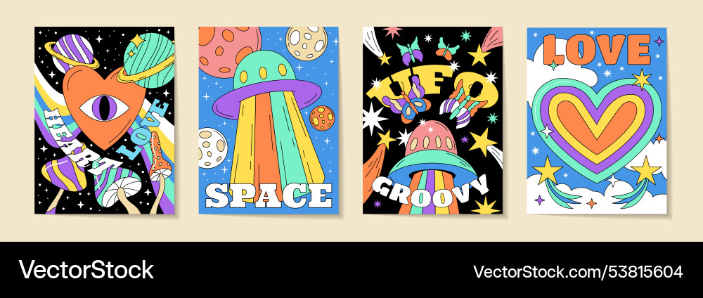 Space retro groovy card psychedelic poster crazy Vector Image