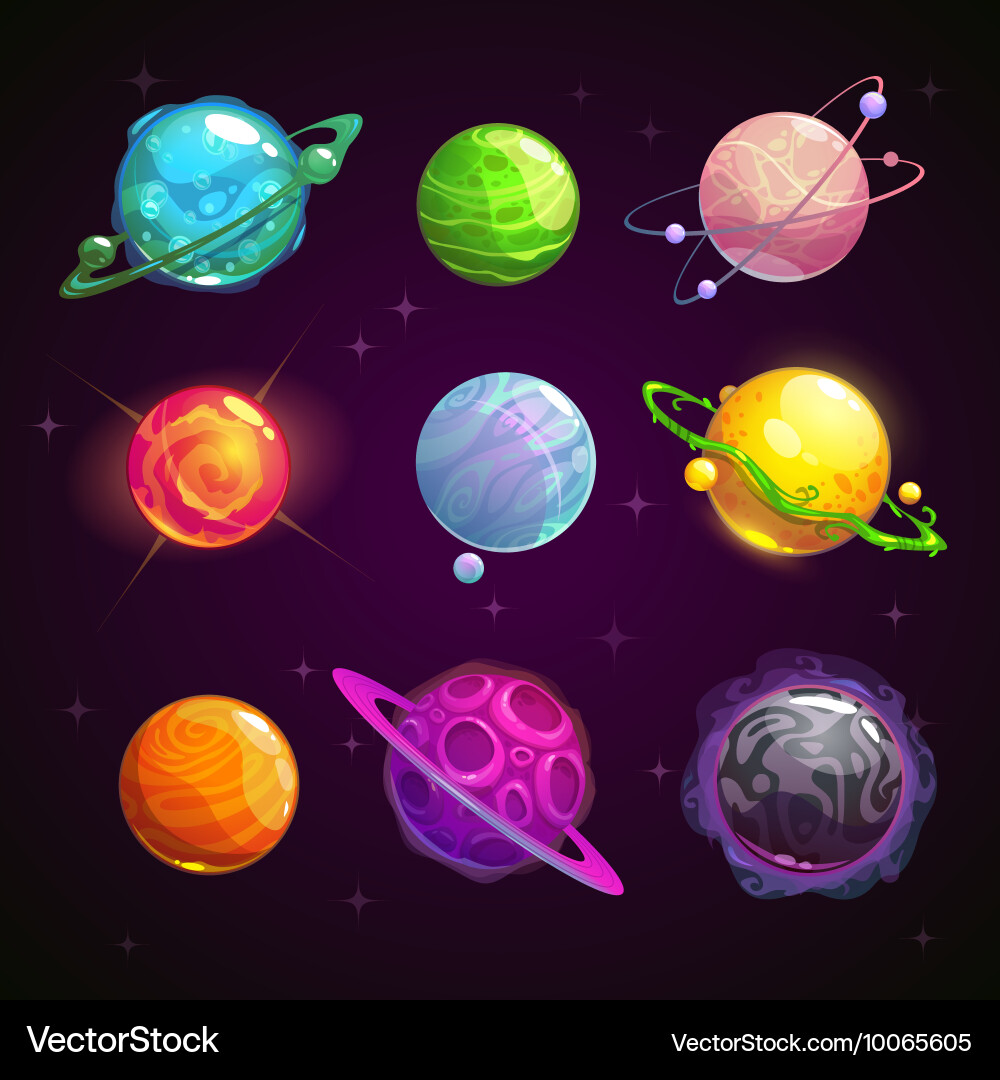 Colorful cartoon fantasy planets set Royalty Free Vector