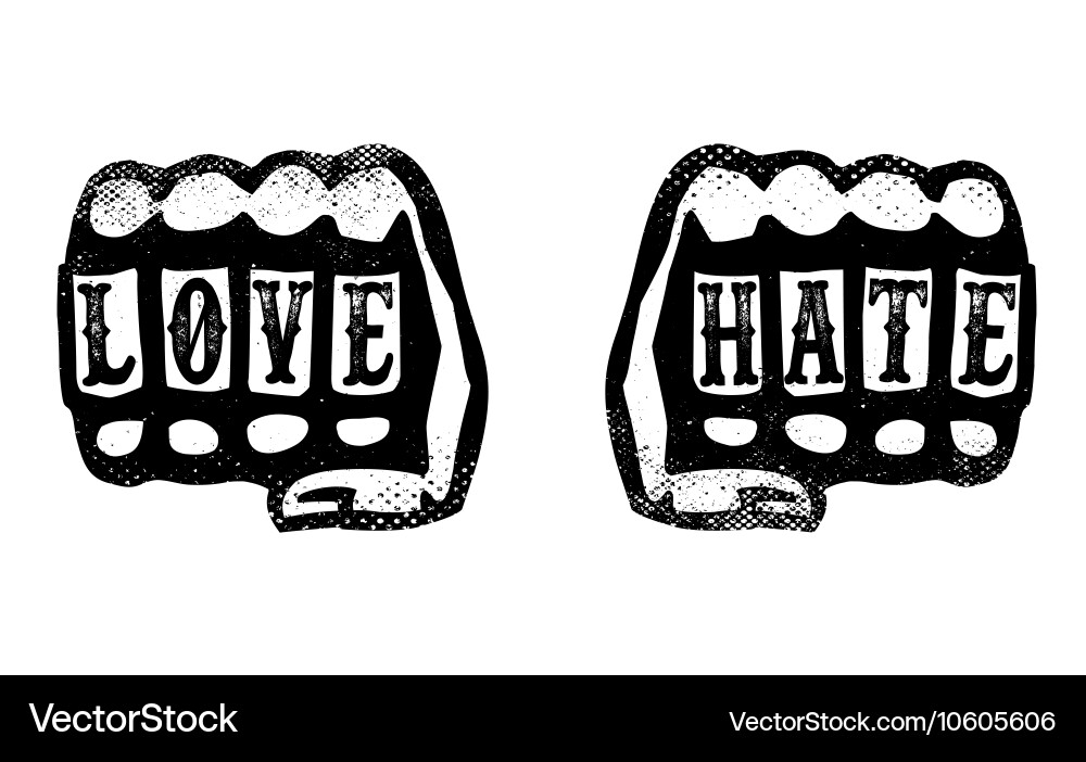 Love and hate hand fists with brass knuckles Vector Image