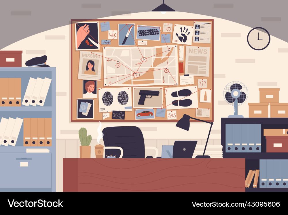 Police office interior with investigation board Vector Image