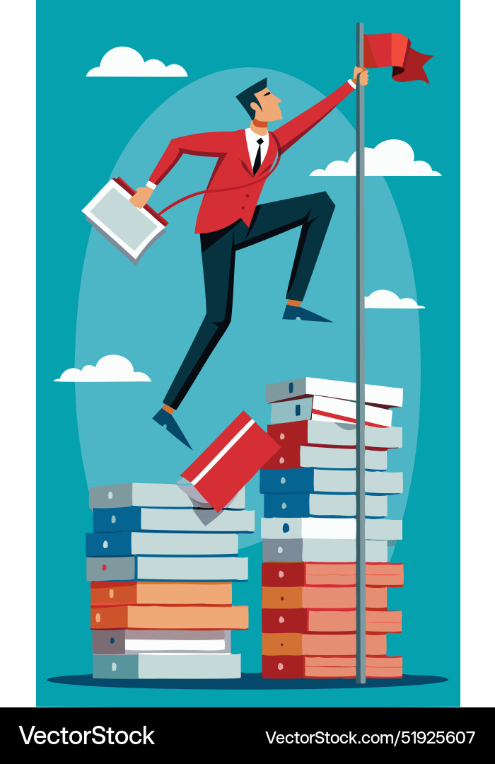 Businessman climbing over document stacks Vector Image