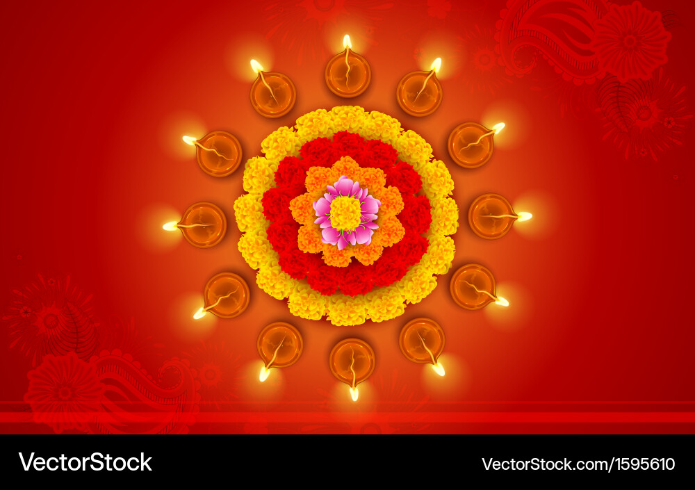 Decorated diwali diya on flower rangoli Royalty Free Vector