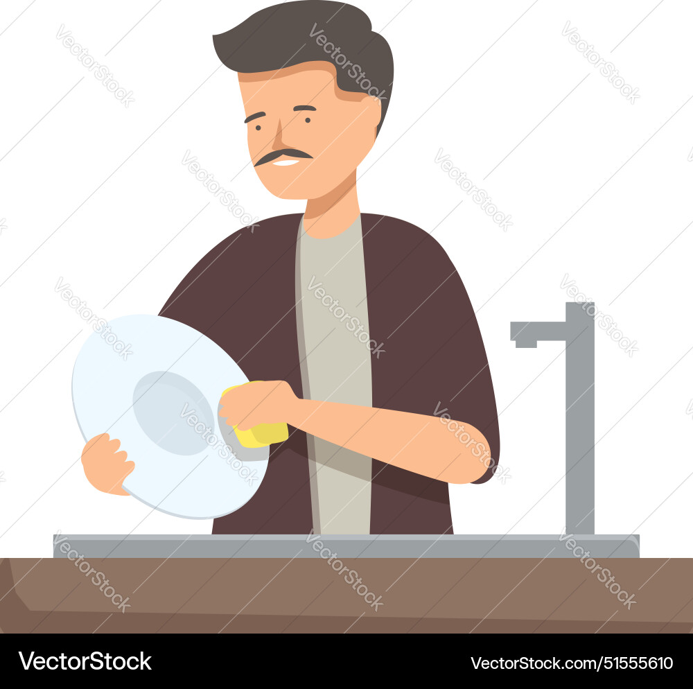 Man washing dishes in kitchen sink using sponge Vector Image