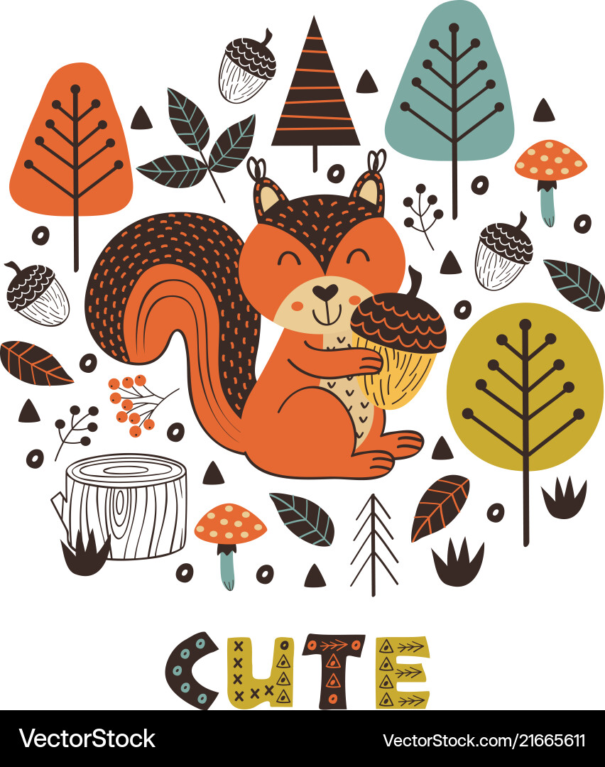 Poster squirrel in forest scandinavian Royalty Free Vector