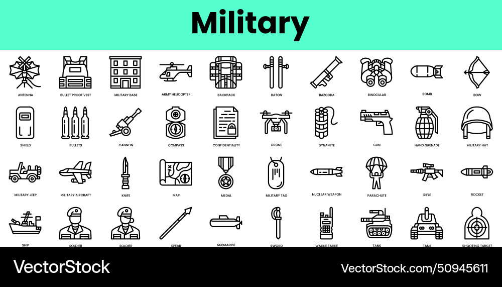 Set of military icons linear style icon bundle Vector Image