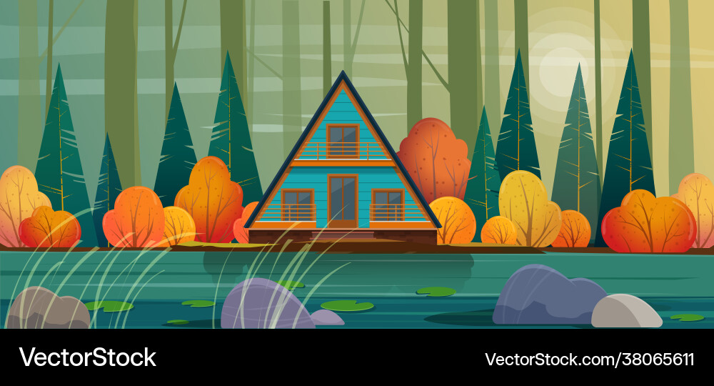 Tiny wooden house forest lake Royalty Free Vector Image