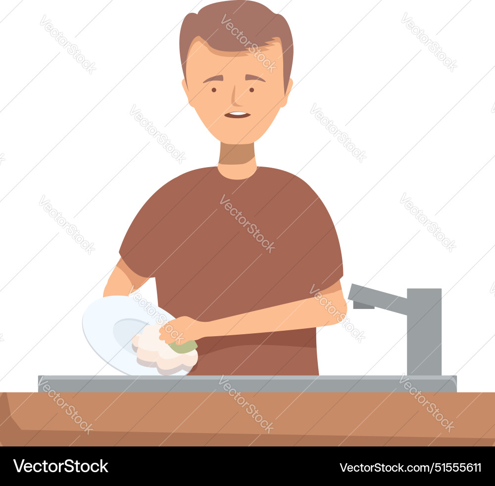 Young man washing dishes in kitchen sink Vector Image