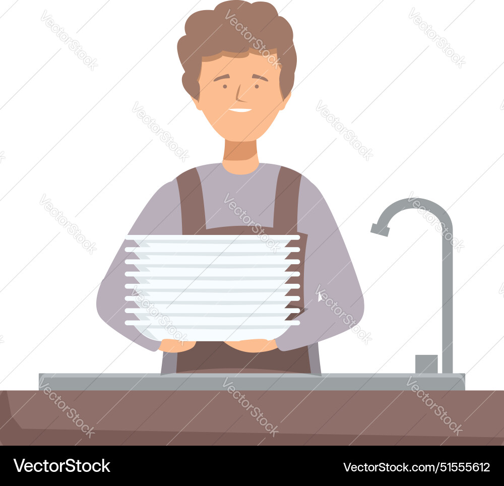 Dishwasher holding stack of clean plates in Vector Image