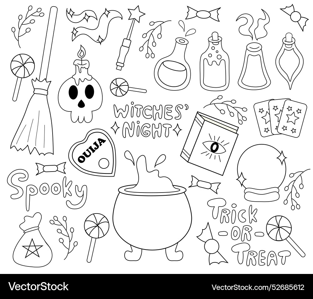 Halloween elements set outline line art Royalty Free Vector