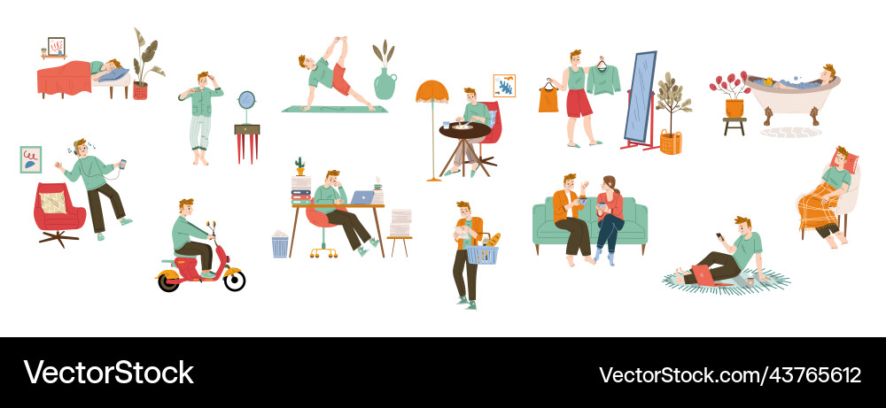 Man routine daily life schedule habits flat set Vector Image