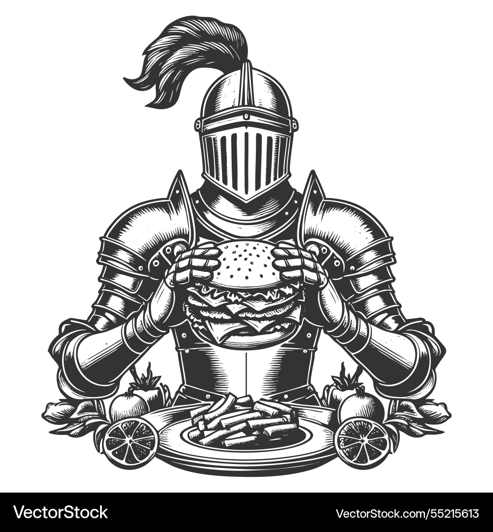 Medieval knight eating burger engraving Royalty Free Vector