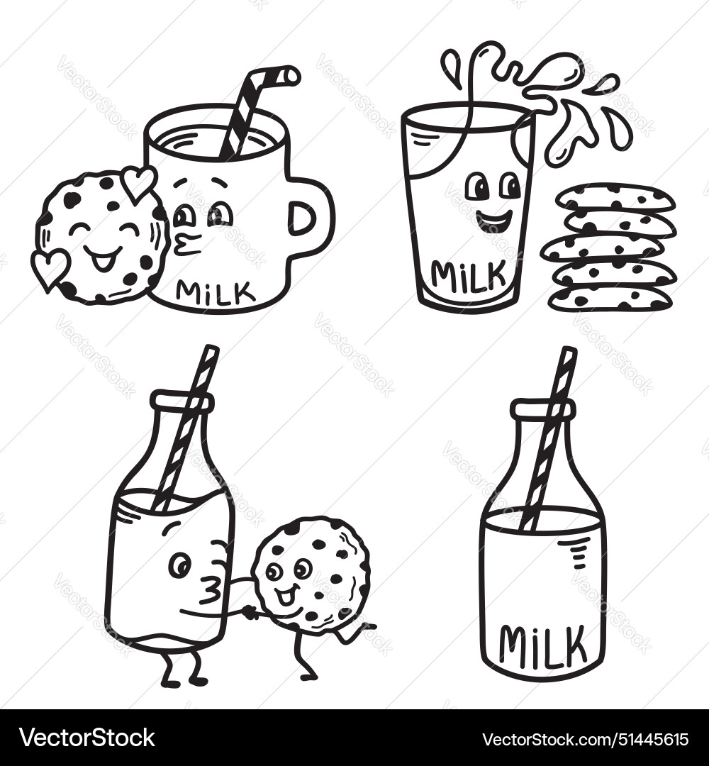 Chocolate chips cookies and milk set Royalty Free Vector