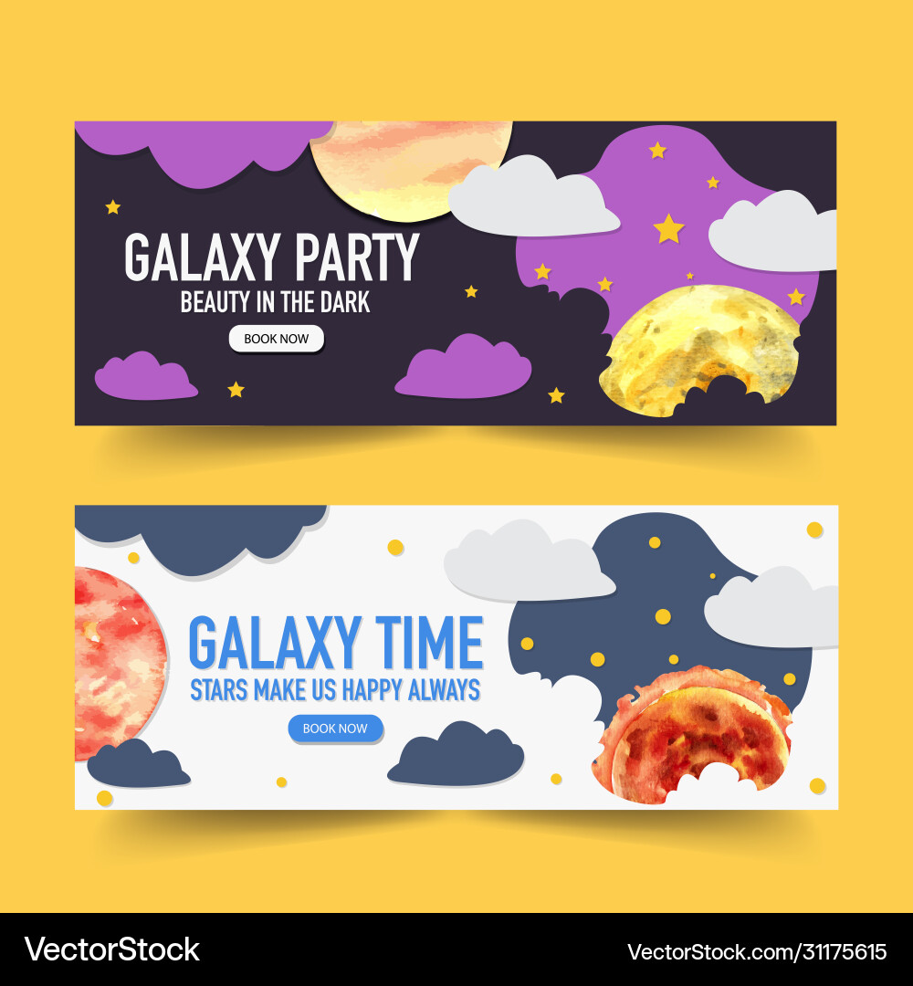 Galaxy Banner Design mit Wolken Mond Sonne Vektorbild