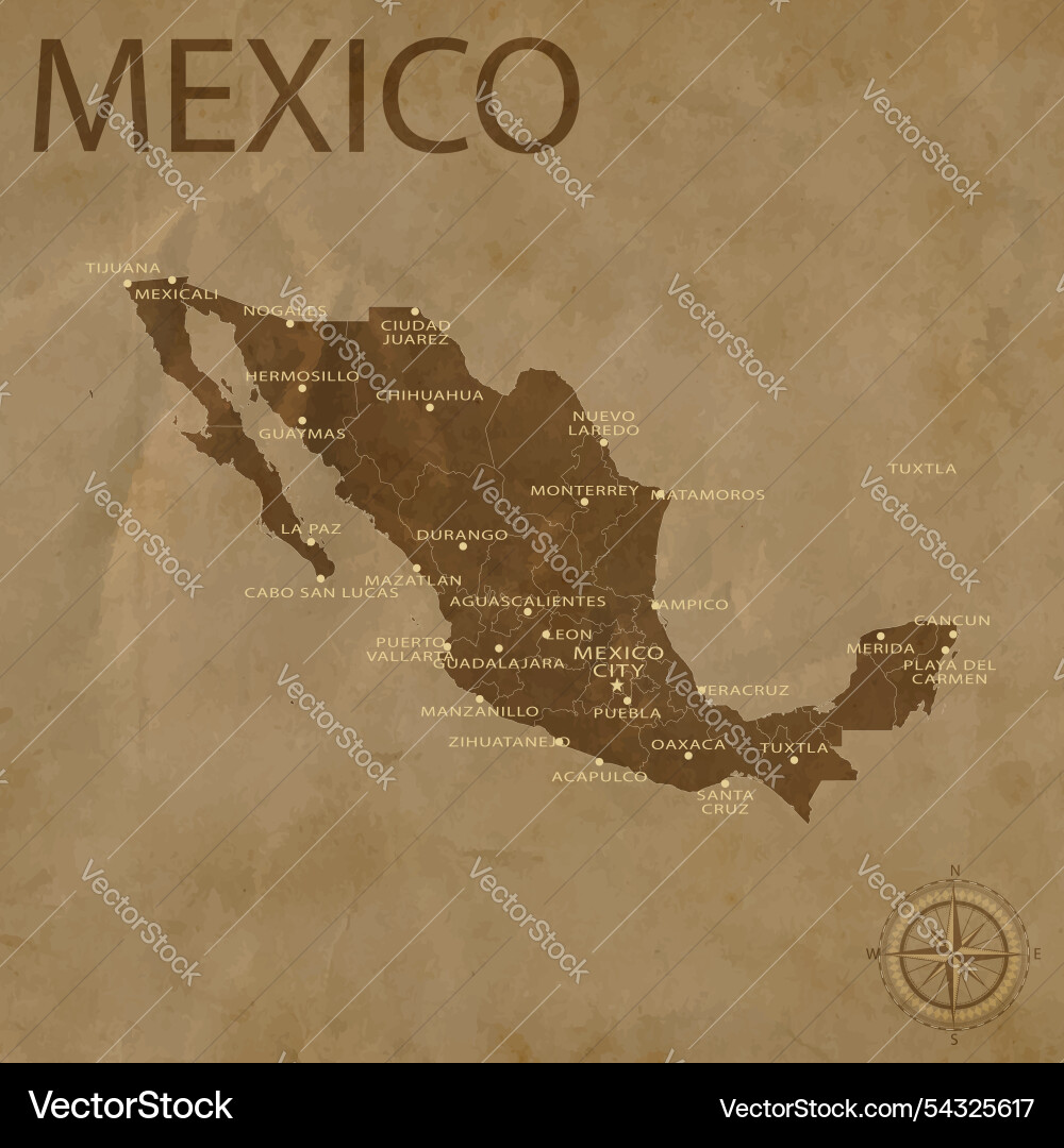 Vintage mexico map with regions borders and major Vector Image