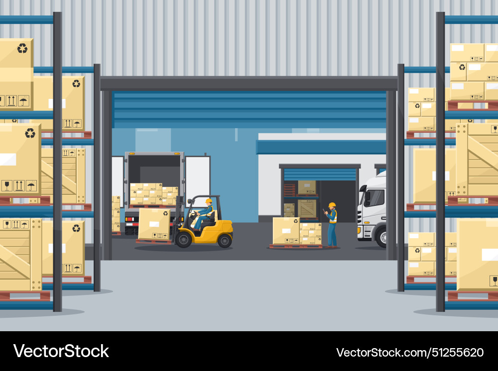 Warehouse with metal racks forklift loading boxes Vector Image
