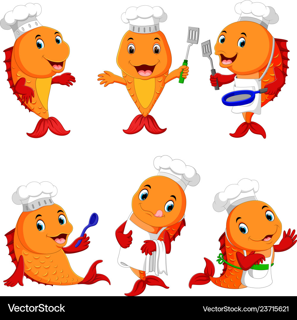 Collection of cute fish chef cartoon Royalty Free Vector