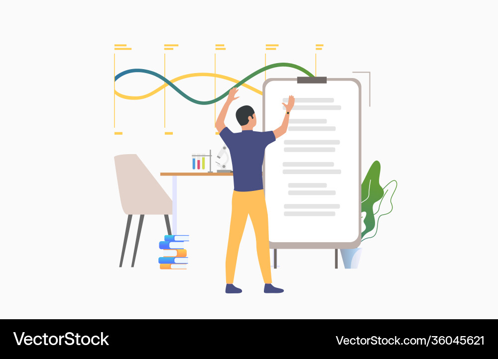 Student standing at flip chart and studying Vector Image