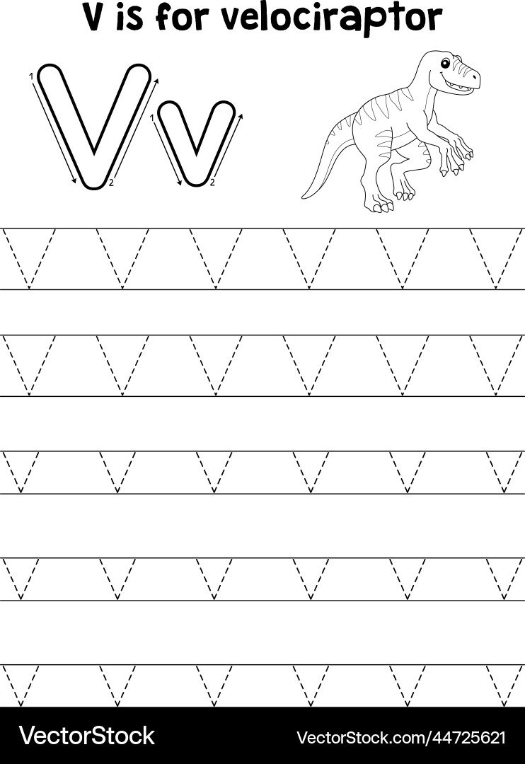 Velociraptor dino tracing letter abc coloring v Vector Image