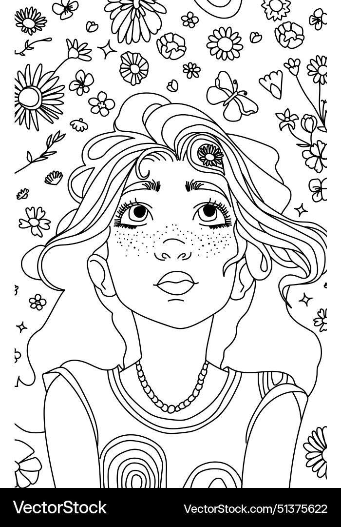 Cute girl reading coloring page Royalty Free Vector Image