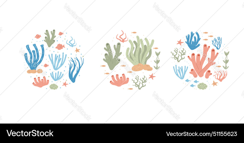 Coral reef round composition set isolated Vector Image