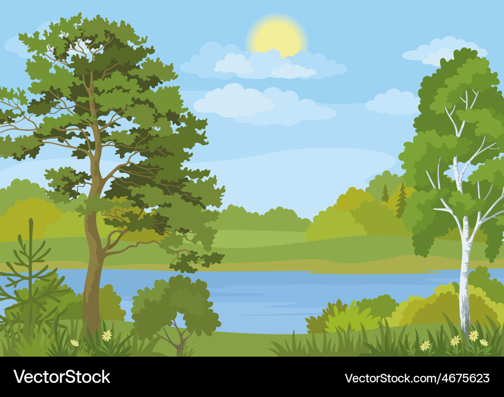 Landscape with trees lake and sun Royalty Free Vector Image