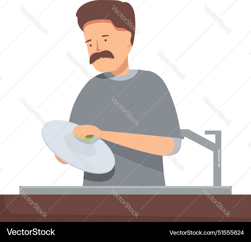 Man washing dishes in kitchen sink with sponge Vector Image