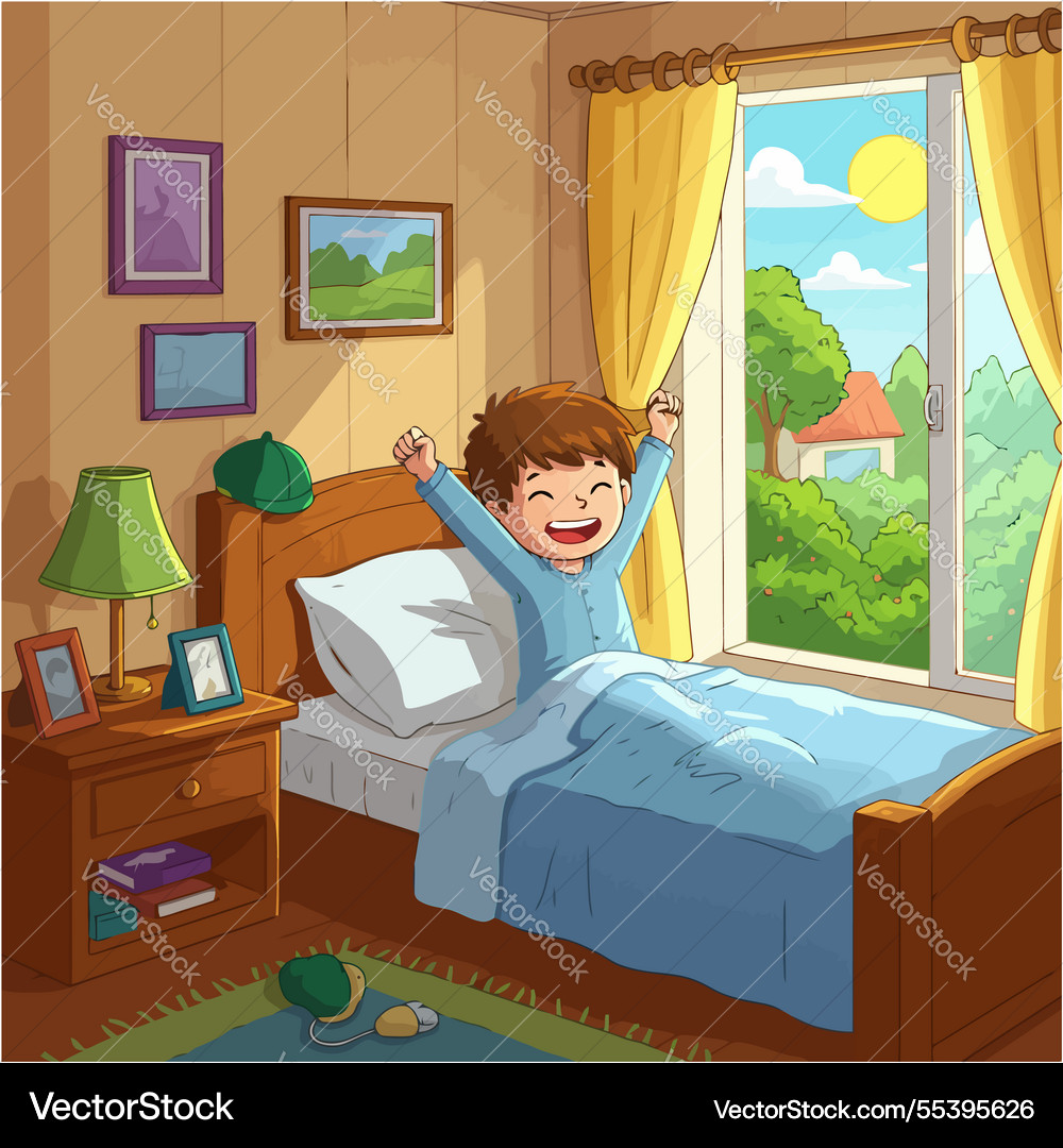 Boy stretching in bed with sunny morning view Vector Image