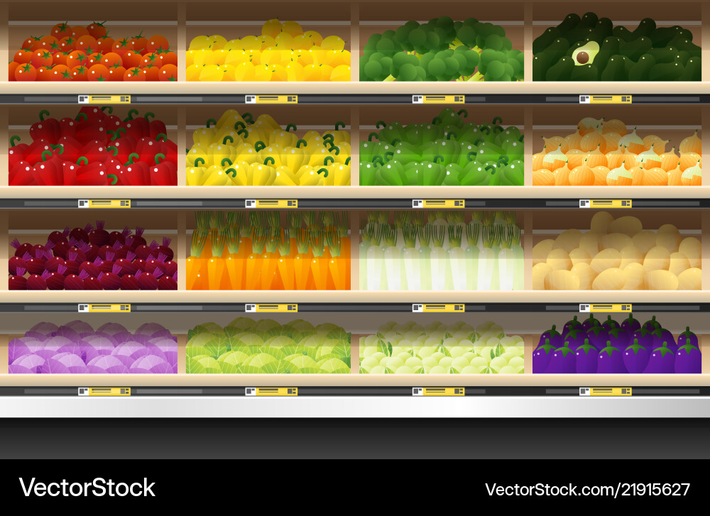 Fresh vegetables display on shelf in supermarket Vector Image