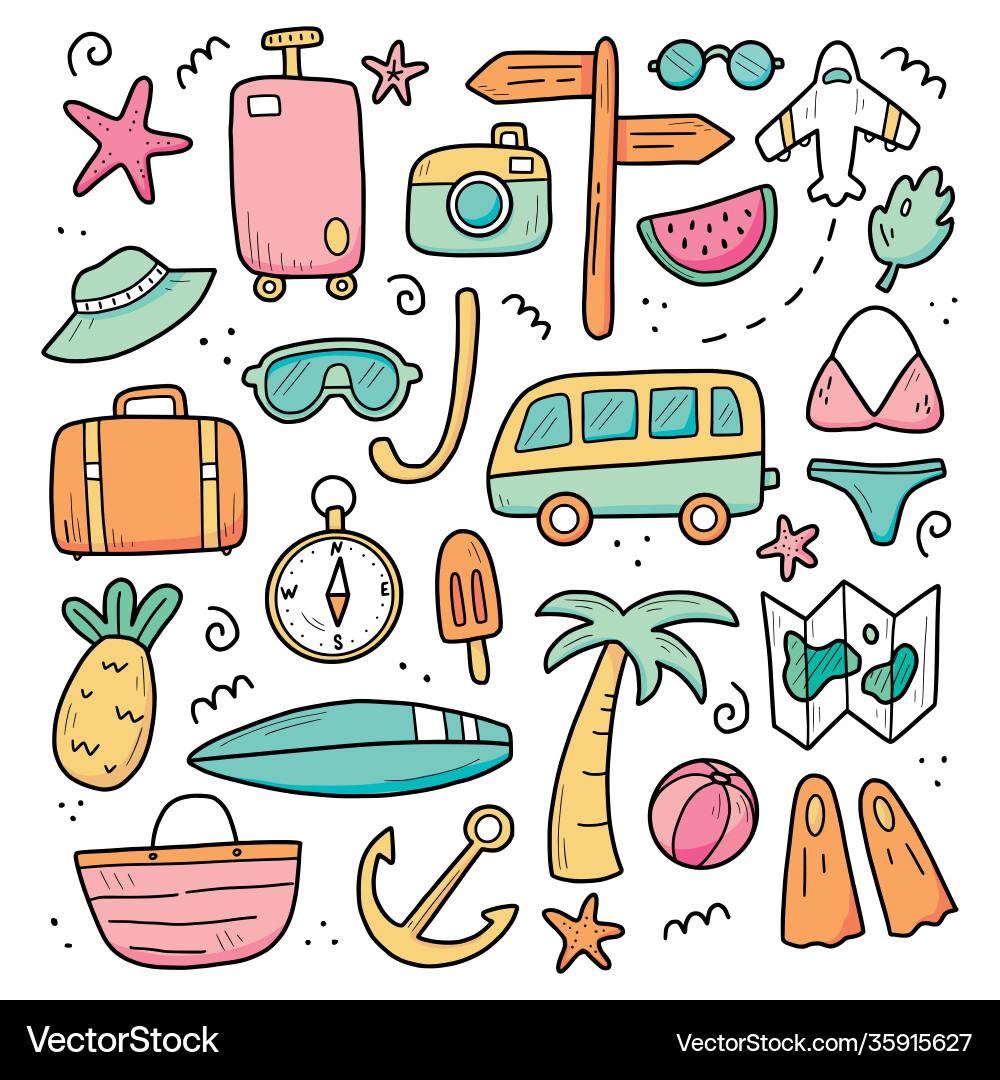 Hand drawn set travel summer vacation Royalty Free Vector