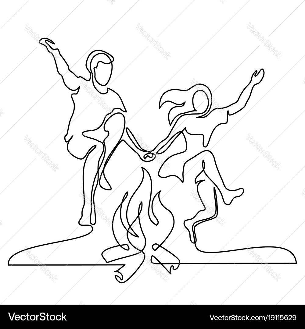 Happy couple jumping over a fire Royalty Free Vector Image
