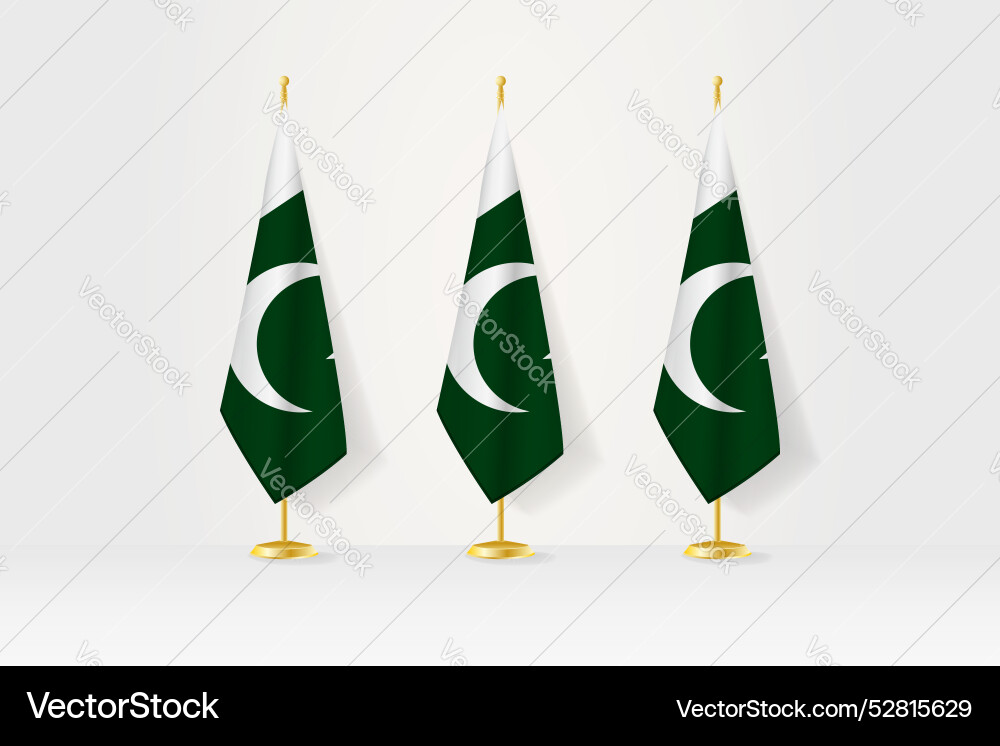 Three pakistan flags in a row on a golden stand Vector Image