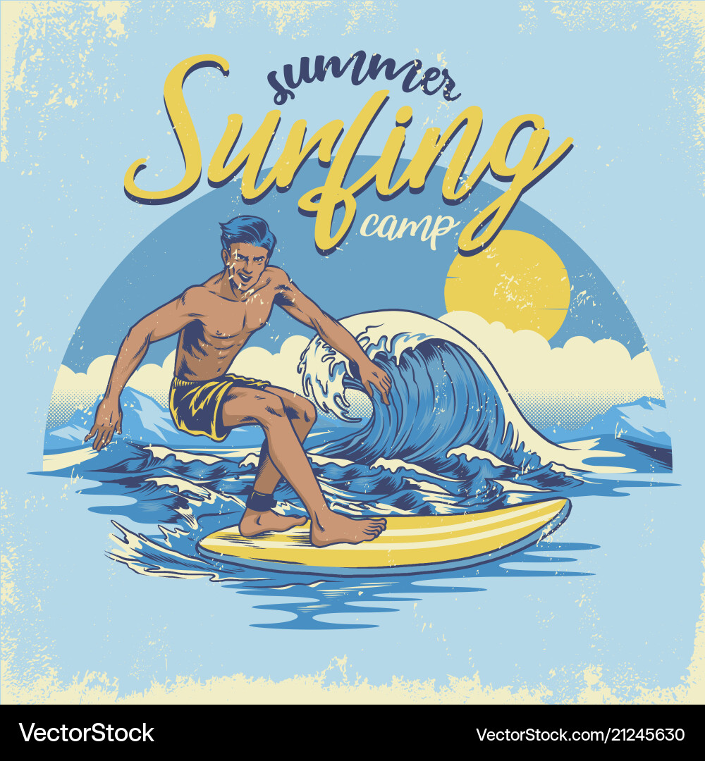 Vintage textured hand drawing surfing design Vector Image