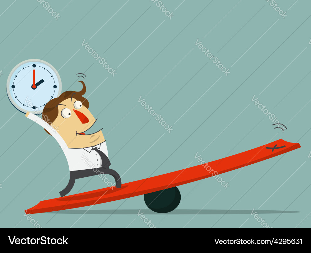 Businessman Balancing on a Lever with a Clock Vector Image