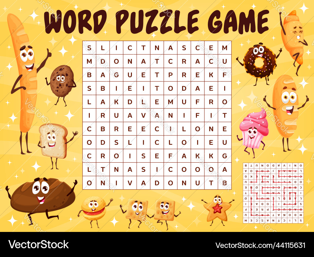 Cartoon bread characters word search puzzle game Vector Image