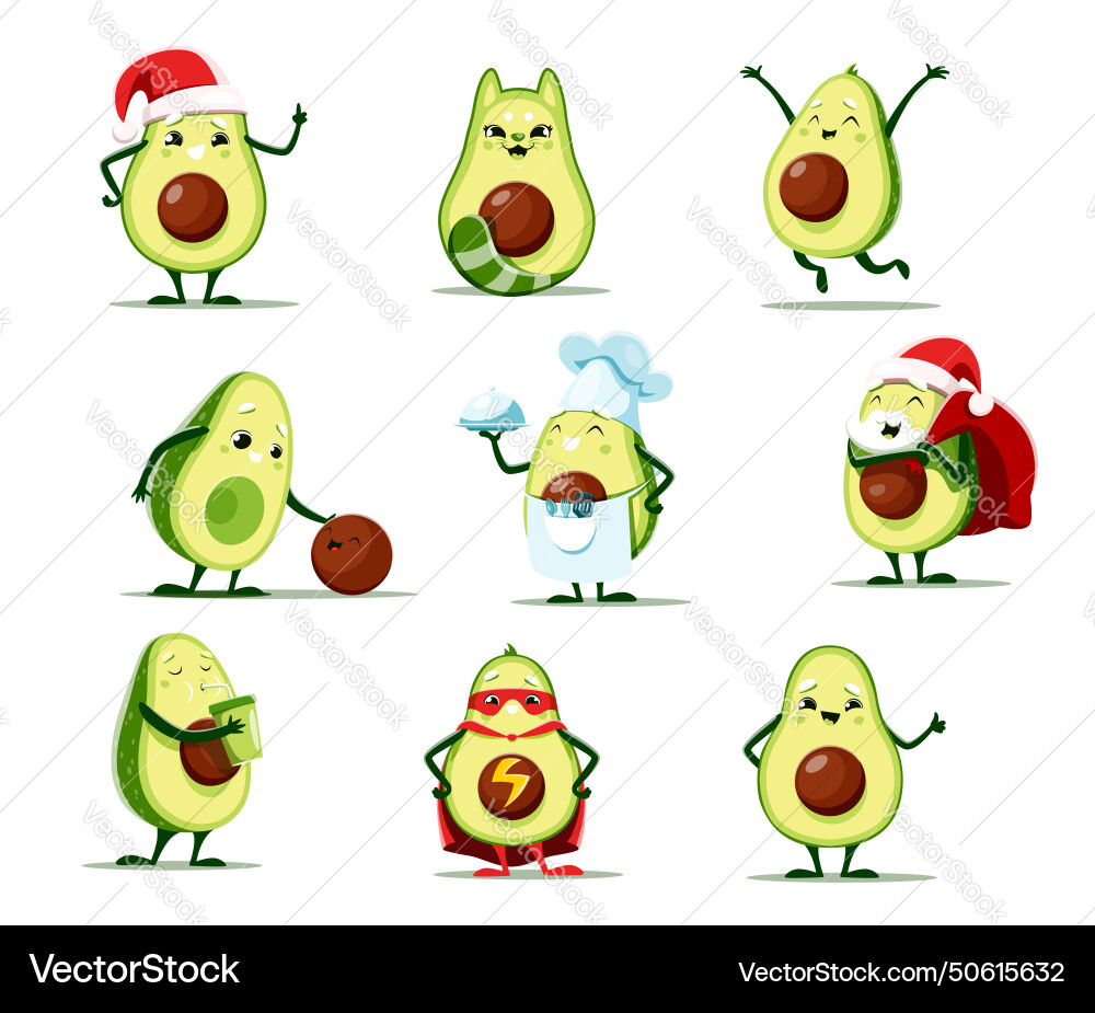 Cartoon avocado characters isolated set Royalty Free Vector