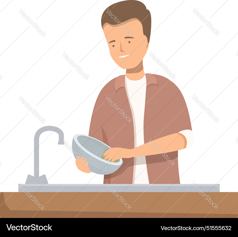 Young man is carefully washing a bowl Royalty Free Vector