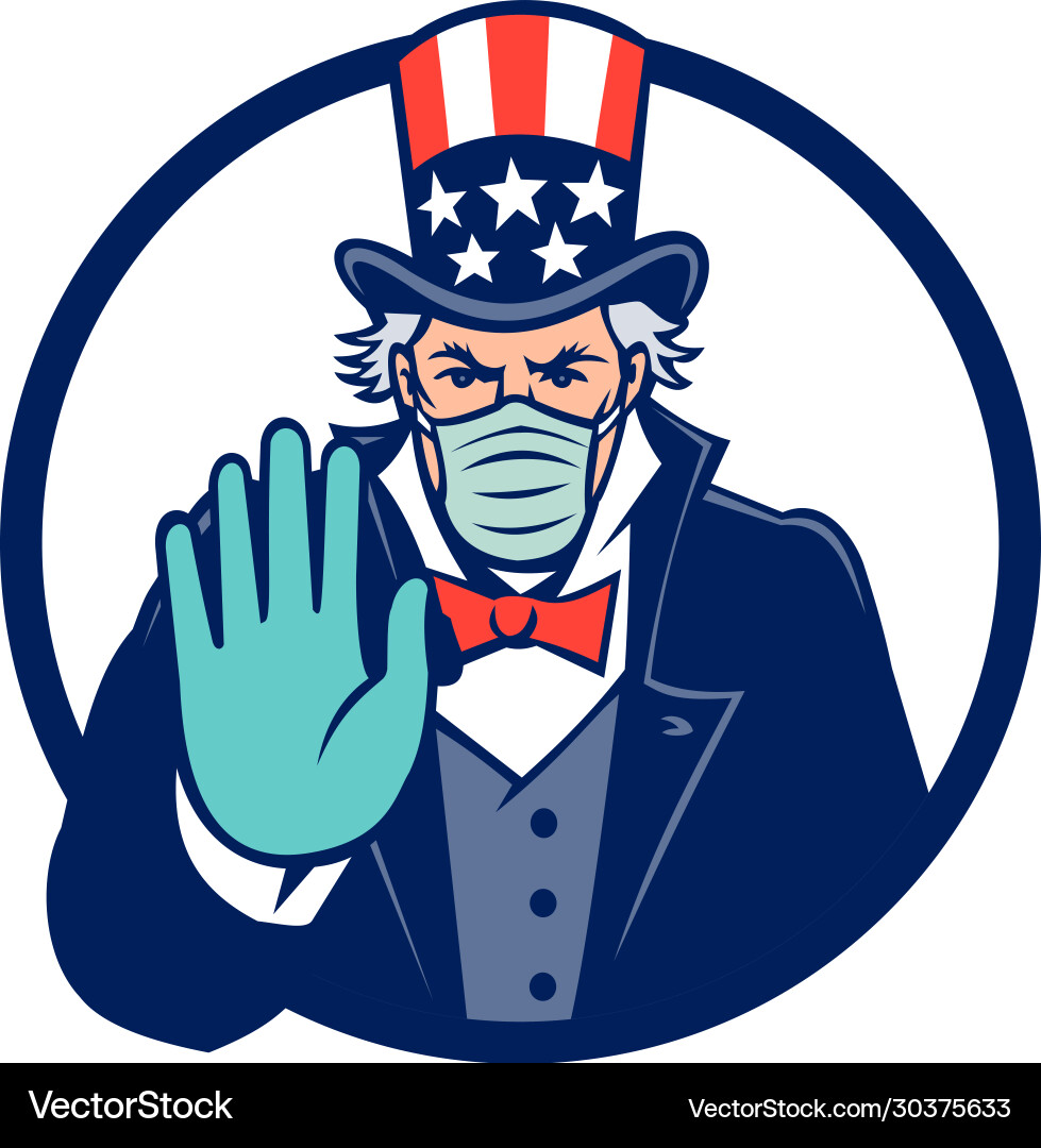 Uncle sam wearing mask stop hand signal mascot Vector Image