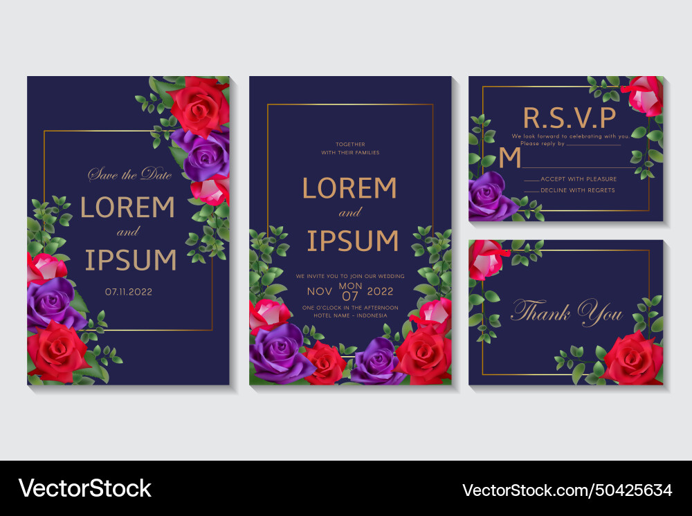 Wedding invitation with purple and red roses Vector Image