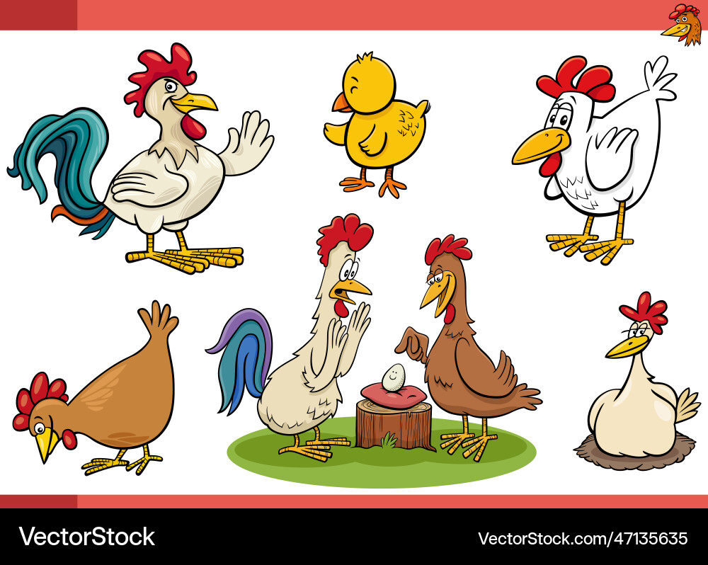 Cartoon chickens farm birds comic characters set Vector Image