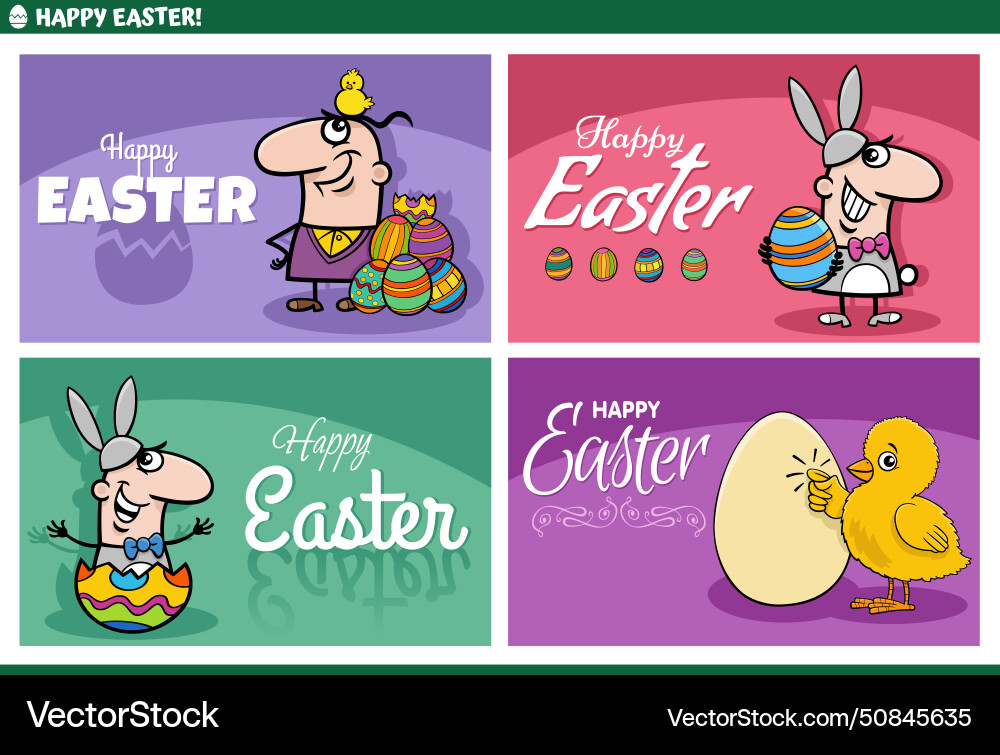 Cartoon easter greeting cards set with people Vector Image