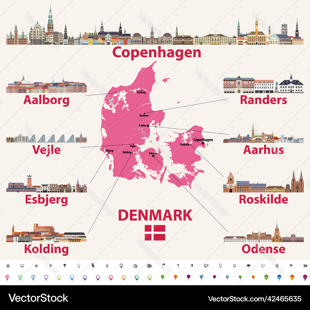 Dänemark Karte mit den wichtigsten Städten Skylines set Vector Image