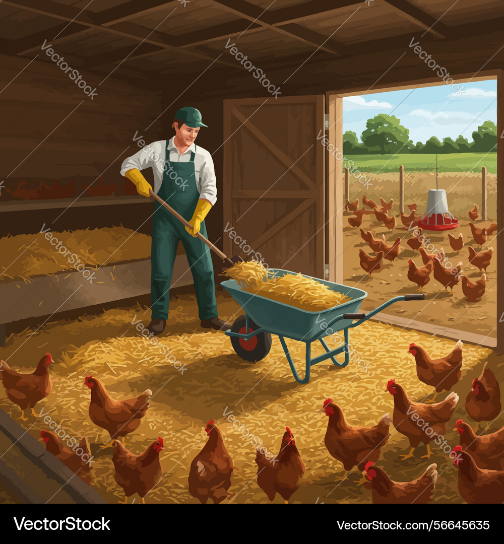 Farmer adding straw to wheelbarrow inside coop Vector Image