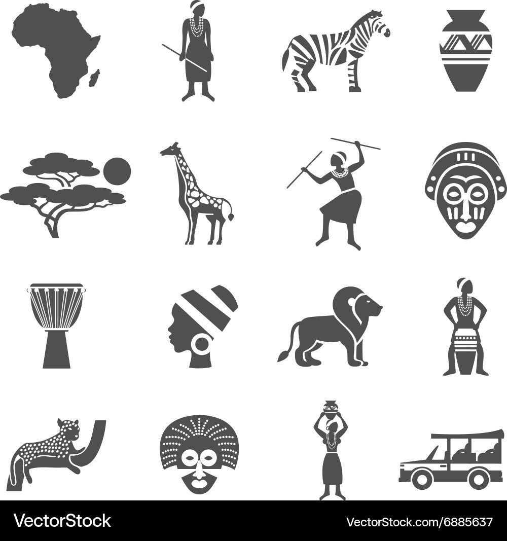 Africa black white icons set Royalty Free Vector Image